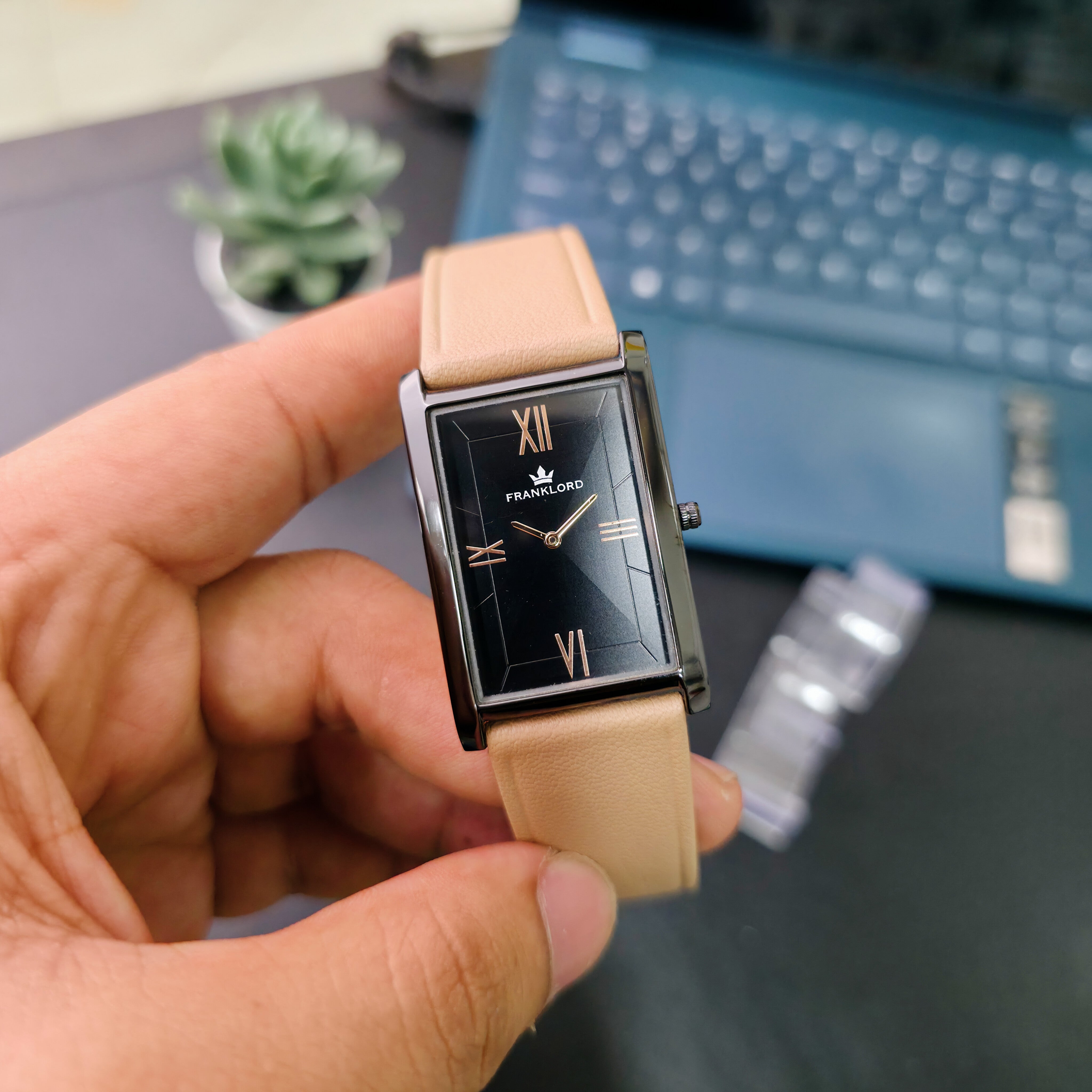 Franklord Dusky Royale Black Dial Rectangular Watch with Beige Strap ...